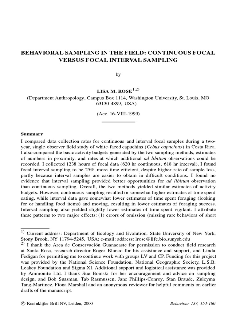 Behavioral Sampling in The Field: Continuous Focal Versus Focal ...