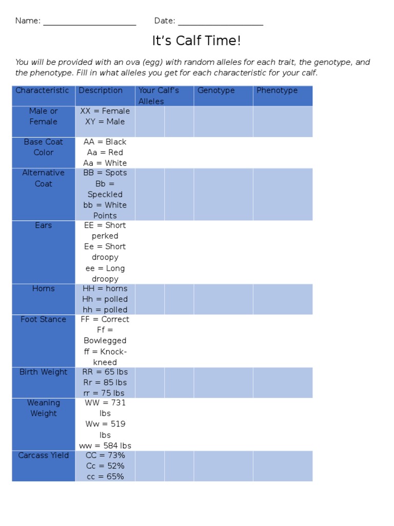 Calf Genetics Activity Sheet | PDF | Cooking, Food & Wine | Foreign ...