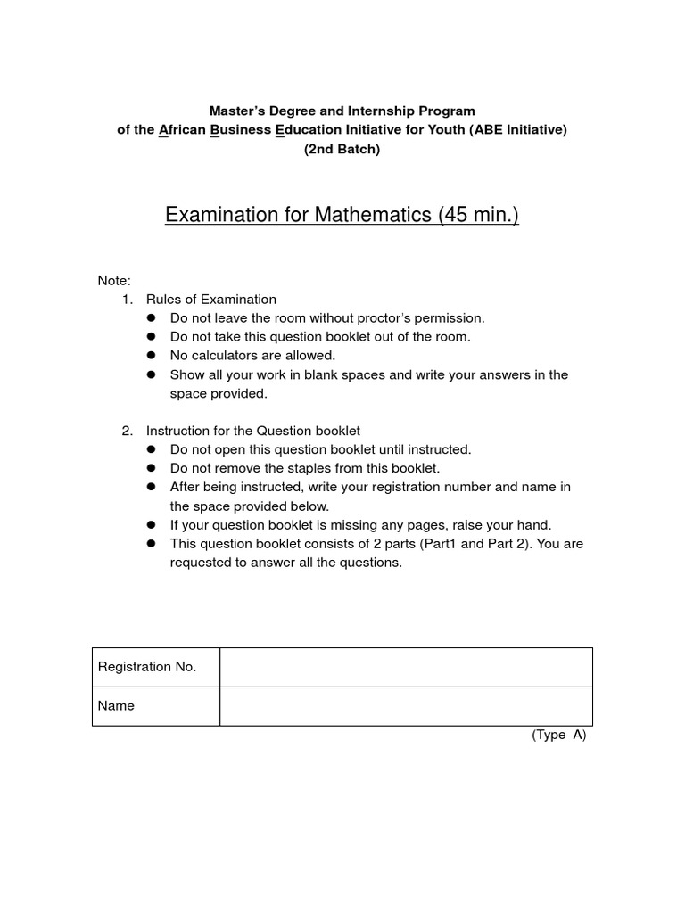 Examination For Mathematics (45 Min.) | PDF