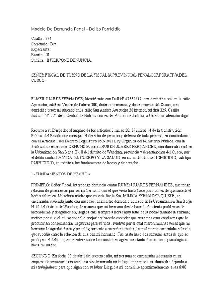 Modelo de Denuncia Penal | PDF | Derecho penal | Crimen y violencia