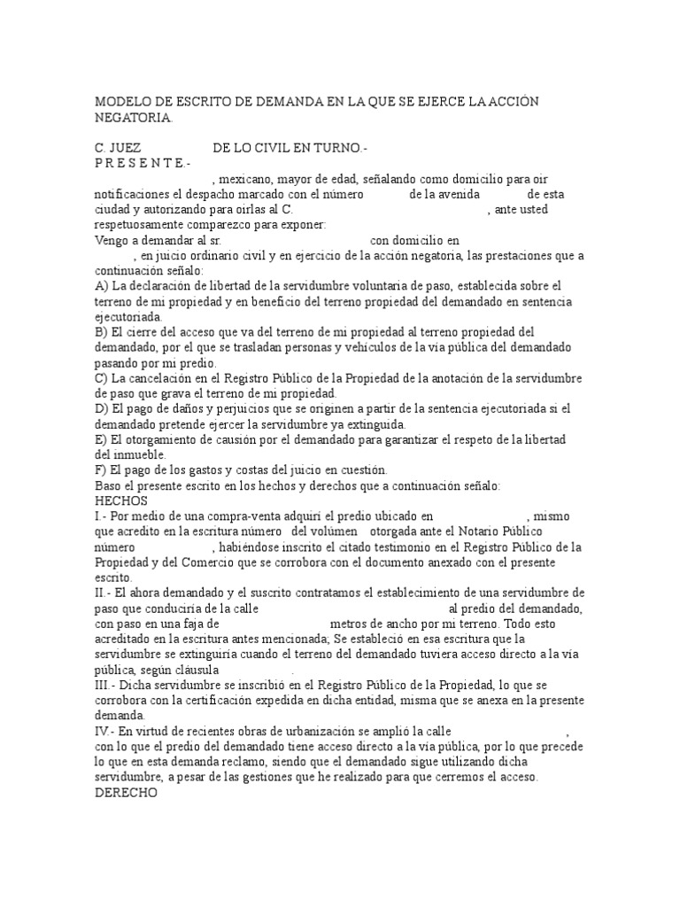Modelo de Escrito de Demanda en La Que Se Ejerce La Acción Ne | PDF ...