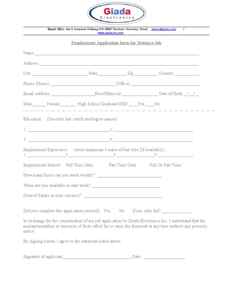 Distance Job Application Form | PDF