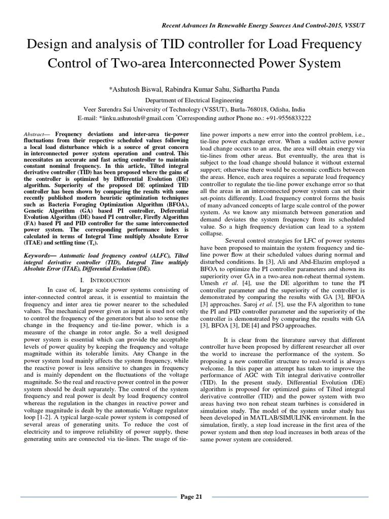 Design and Analysis of TID Controller For Load Frequency Control of Two ...