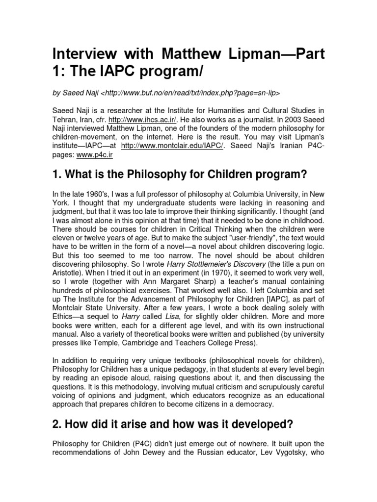 Interview With Matthew Lipman | PDF | Critical Thinking | John Dewey