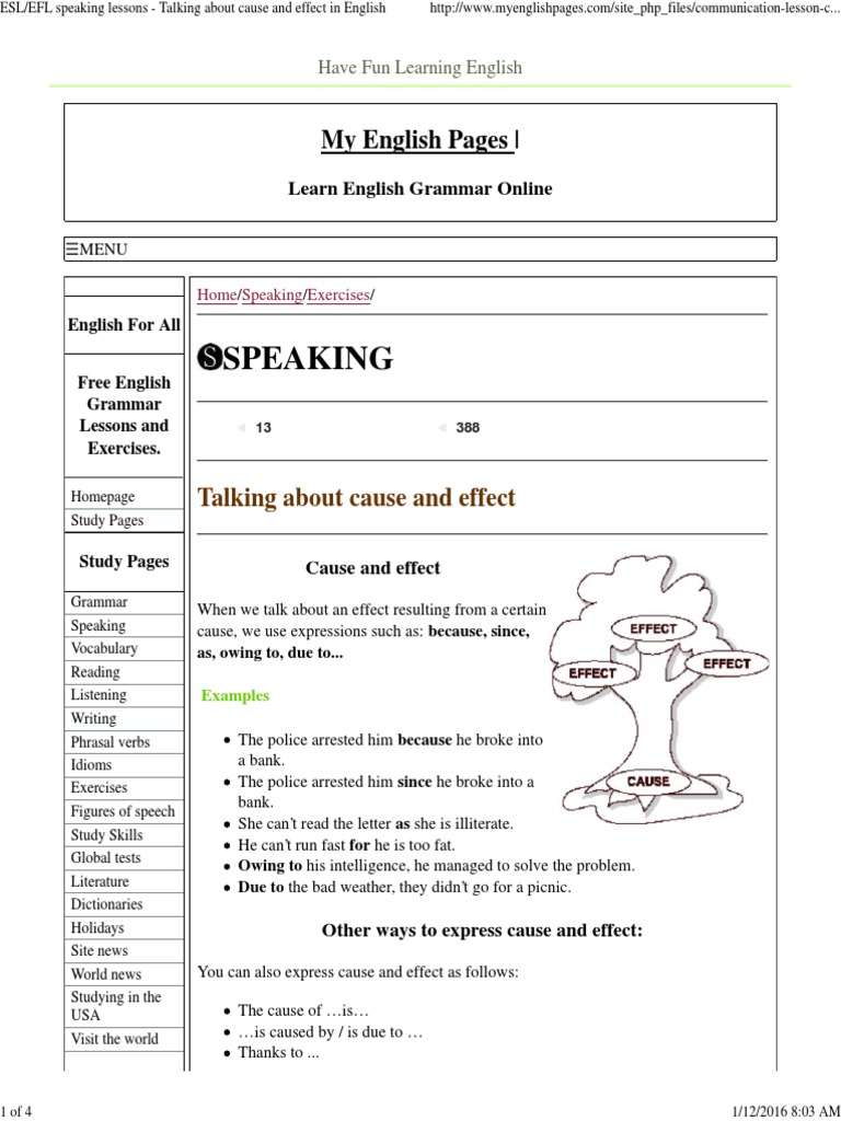 EFL Speaking Lessons - Talking About Cause and Effect in English | PDF ...