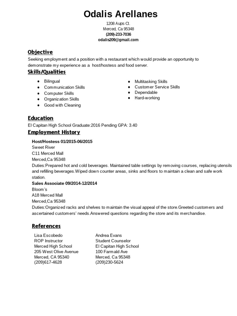 Restaurant Host/Server Resume | PDF