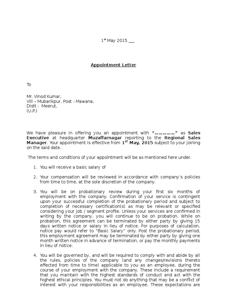 Appointment Letter - Vinod Kumar | PDF | Trade Secret | Employment