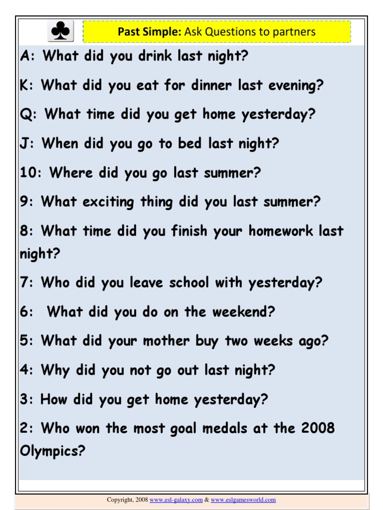 Past Simple: Ask Questions To Partners | PDF