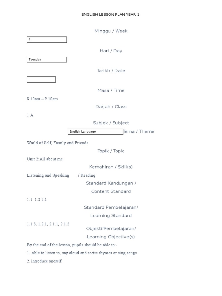 ENGLISH YEAR 1 Lesson Plan w4 | PDF | Lesson Plan | English Language