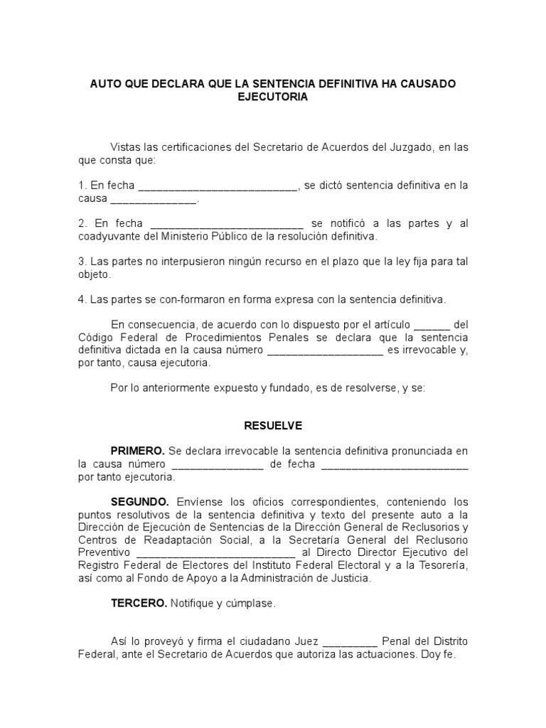 Auto Que Declara Que La Sentencia Definitiva Ha Causado Ejecutoria | PDF
