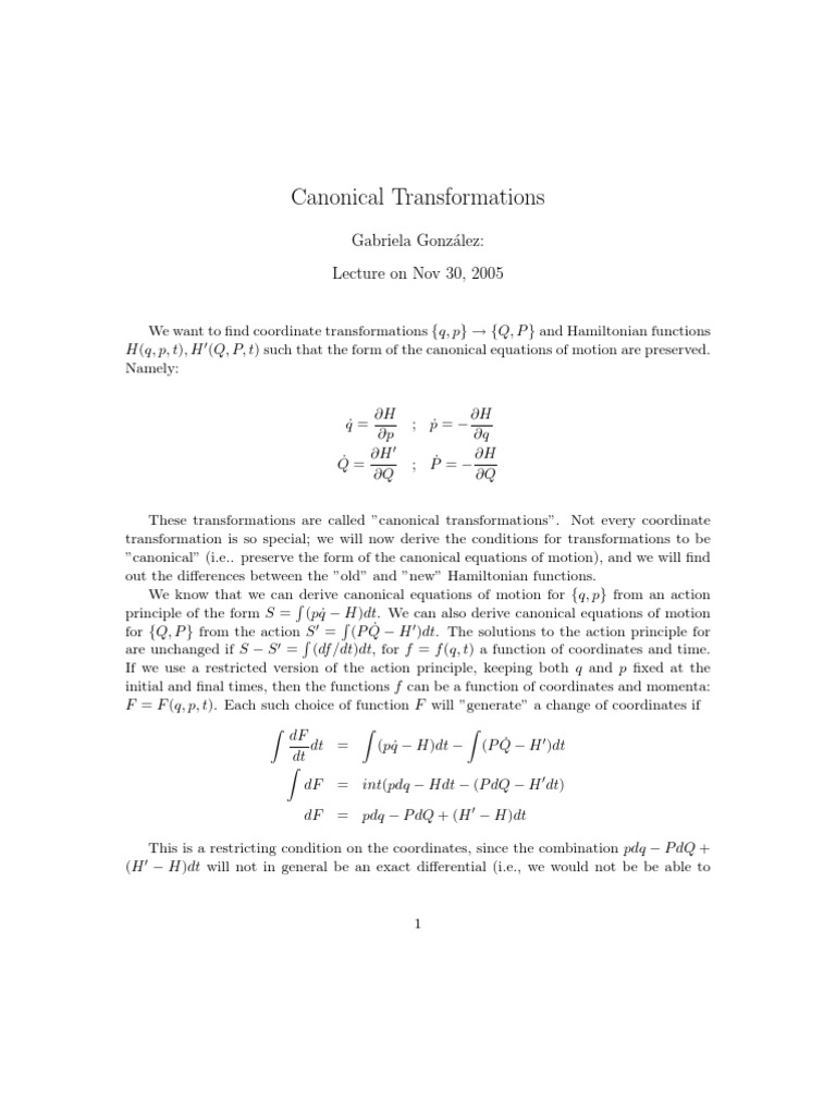 Canonical Transformations Explained | PDF | Hamiltonian Mechanics | Physics