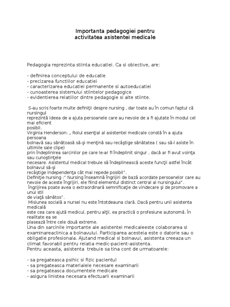 Importanta Pedagogiei Pentru Activitatea Asistentei Medicale | PDF