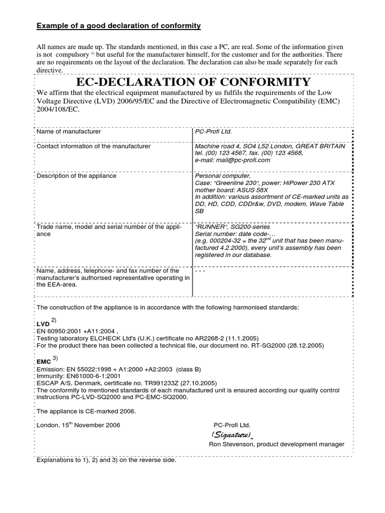EU Declaration of Conformity Example | PDF | Electrical Engineering ...