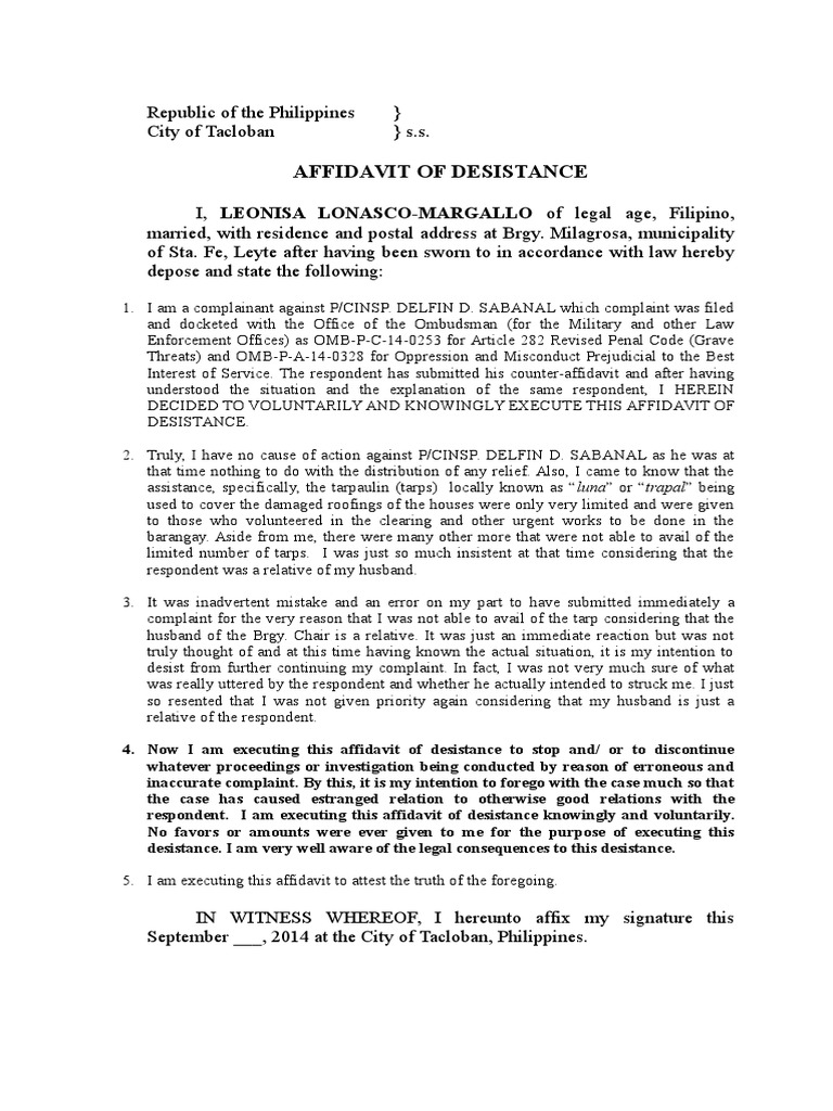 Affidavit of Desistance | Affidavit | Common Law