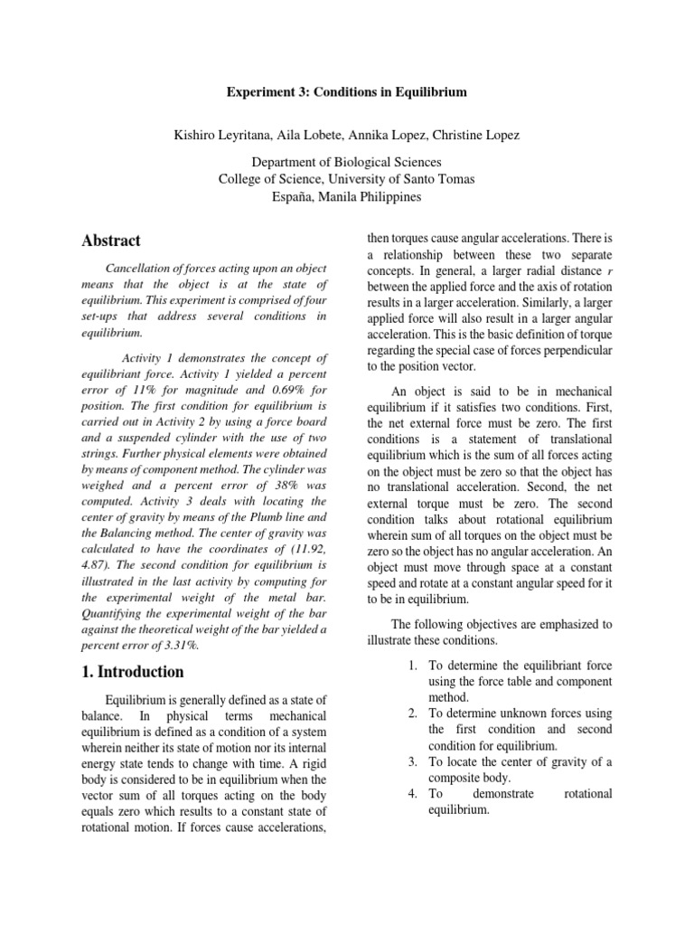 Equilibrium Conditions in Physics Experiment | PDF | Torque | Force