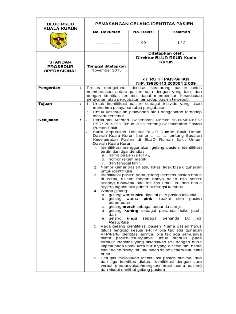 SOP Pemasangan Gelang Identitas Pasien | PDF