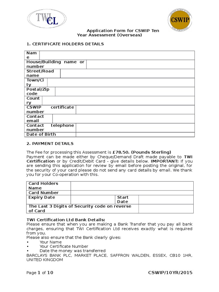 Application Form For CSWIP 10 Year Assessment (Overseas) No Logbook ...