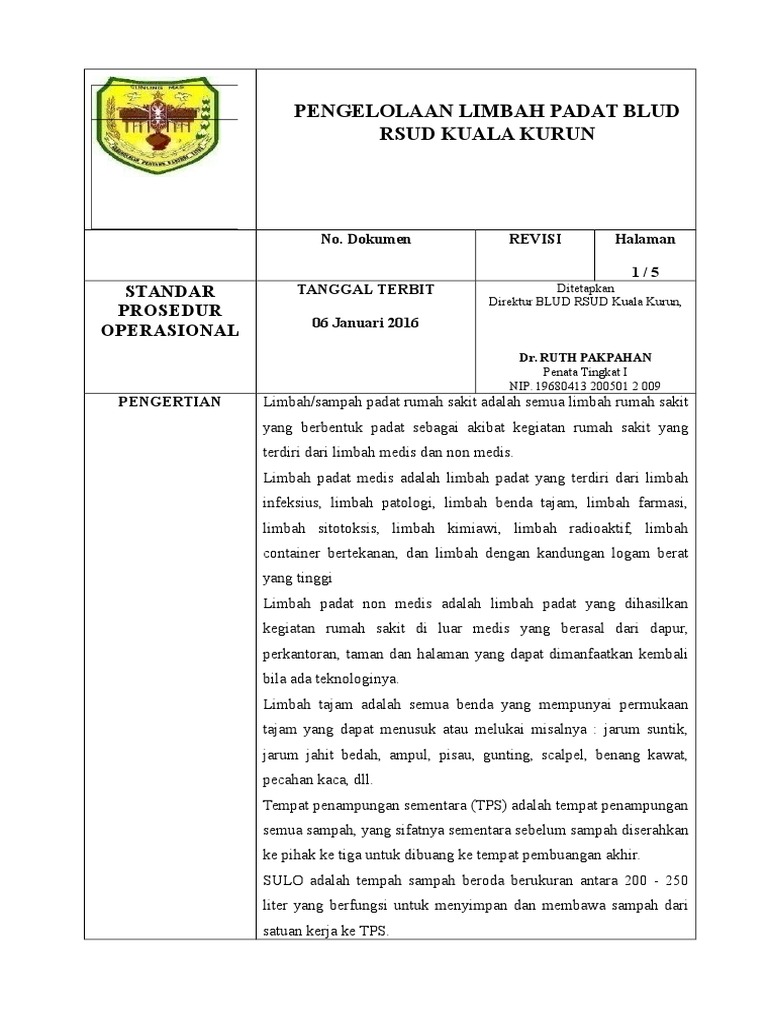 Spo Pengelolaan Limbah Padat Rumah Sakit | PDF | Sains & Matematika