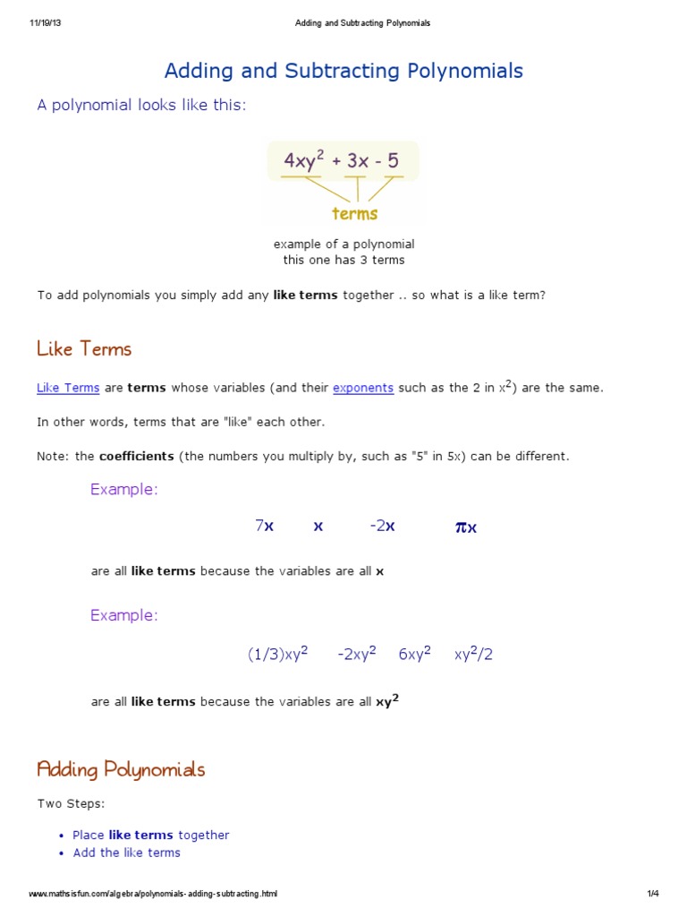 Adding and Subtracting Polynomials | PDF