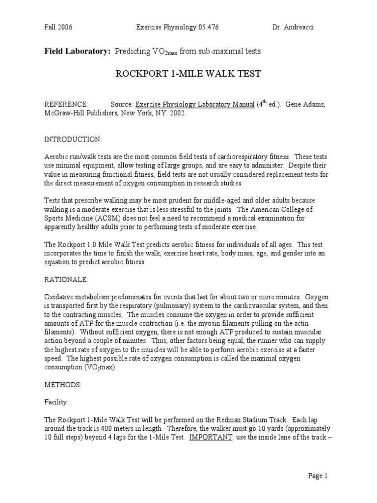 Rockport 1 Mile Fitness Walk Test | PDF | Physical Fitness | Muscle