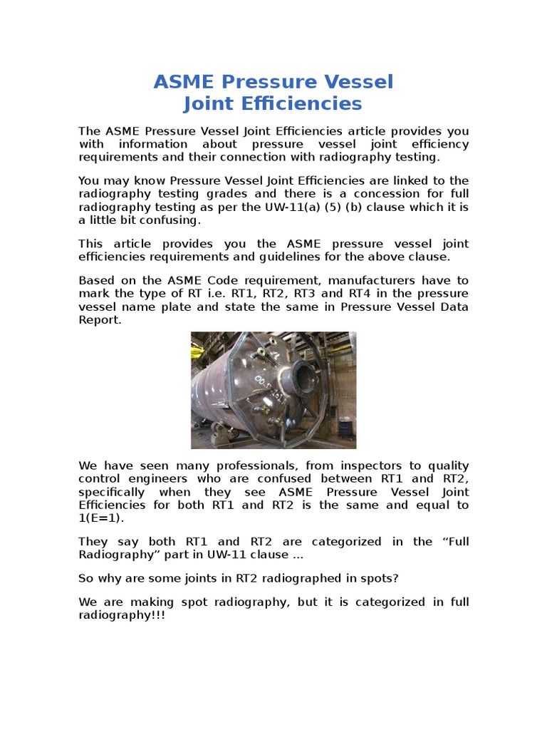 ASME Pressure Vessel Joint Efficiencies | PDF | Welding | Construction