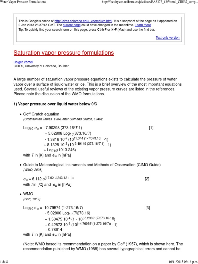 Vapor Pressure Formulas Overview | PDF | Pressure | Physical Geography
