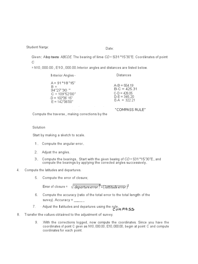 Compass Rule Adjustment for Traverse ABCDE | PDF