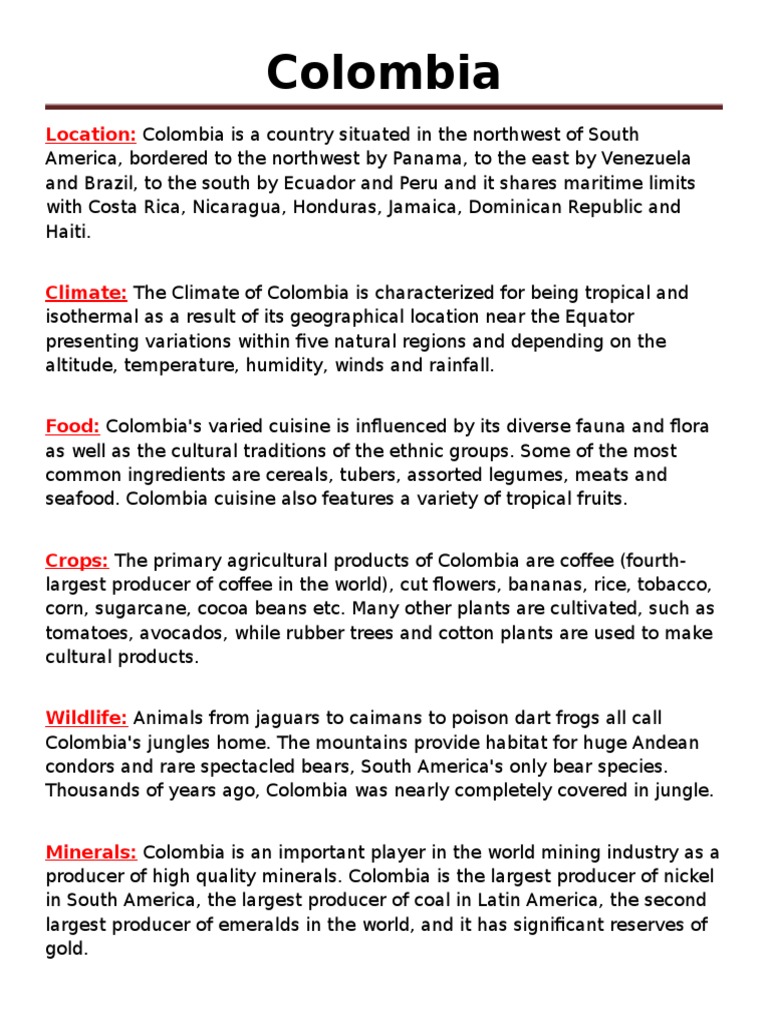 Interesting Facts About Colombia 7th STD Research | Download Free PDF ...