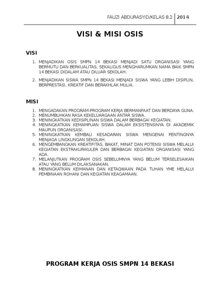 Visi Misi & Program OSIS SMPN 14 | PDF