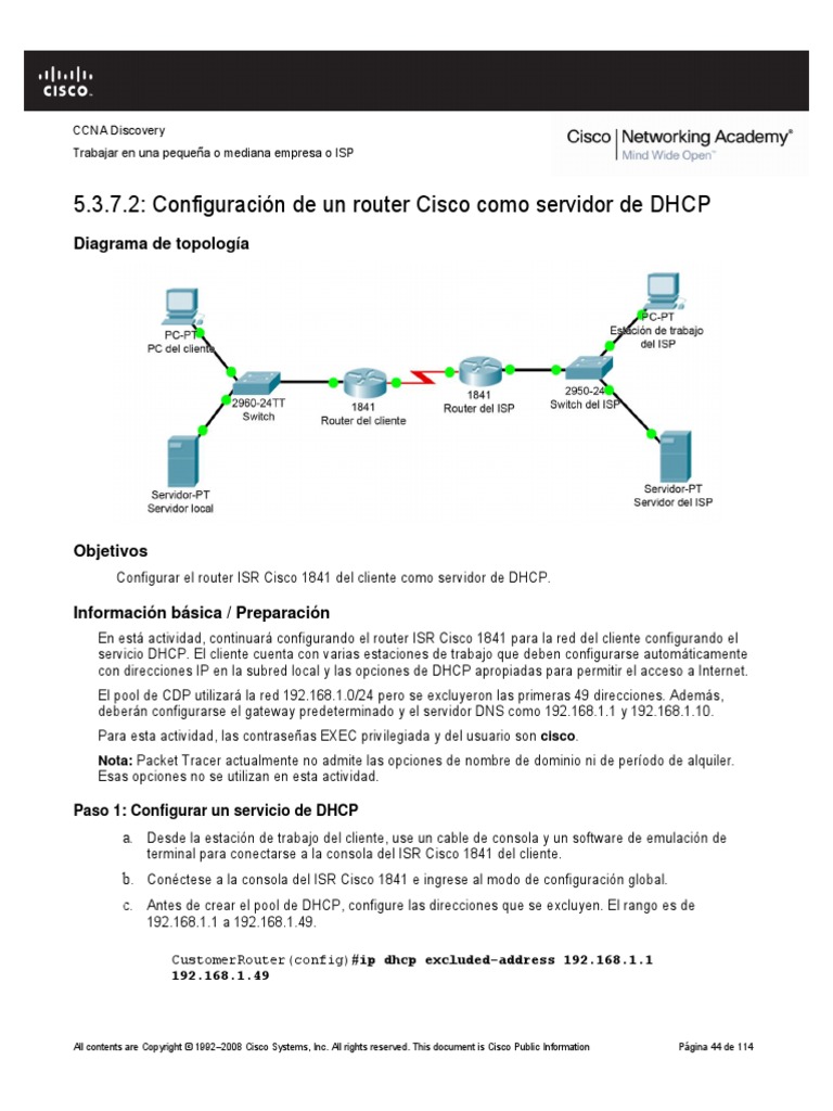 Configuración de Un Router Cisco Como Servidor de DHCP | Dirección IP | Enrutador (Computación)