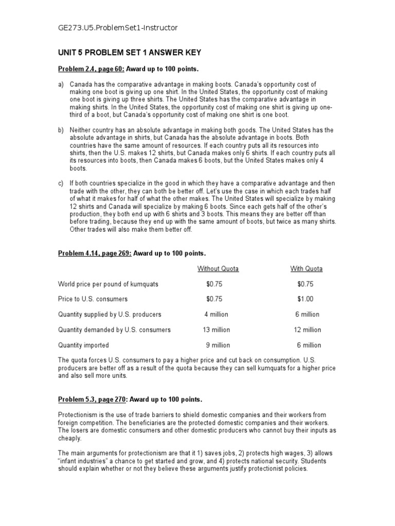 Unit 5 Problem Set 1 Answer Key: Ge273.U5.Problemset1-Instructor | PDF | Protectionism | Trade
