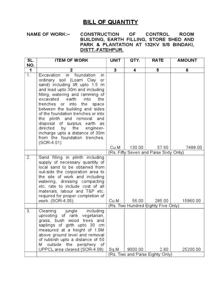 Bill of Quantities for Control Room Construction | PDF | Mortar ...