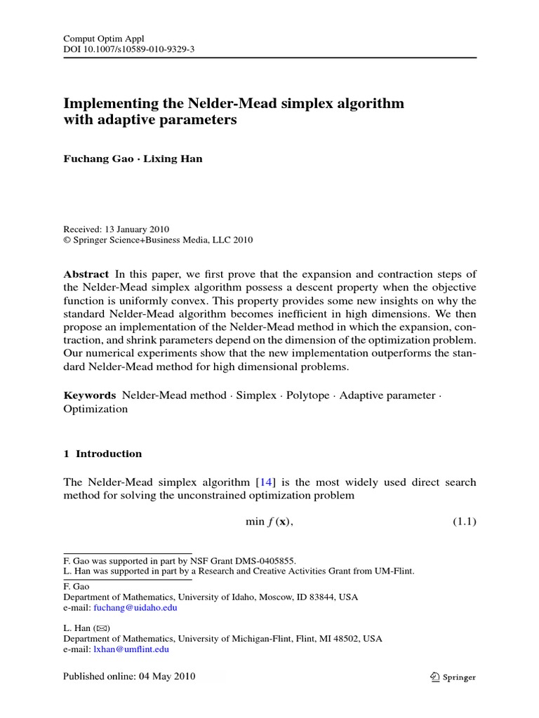 Implementing The Nelder-Mead Simplex Algorithm With Adaptive Parameters ...