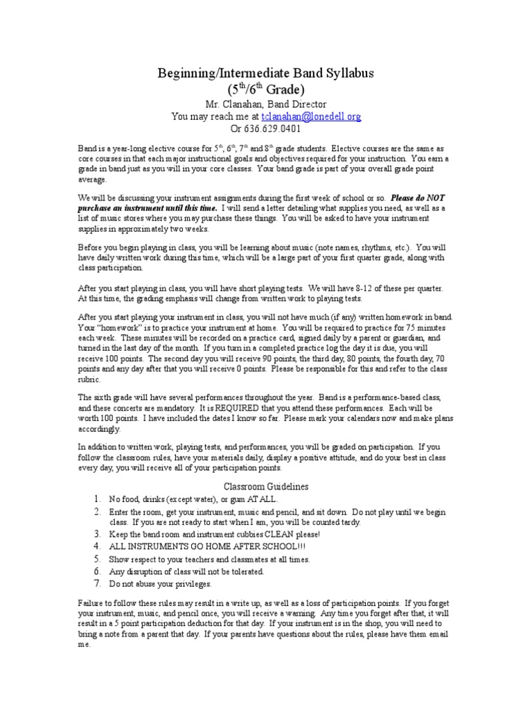 5th/6th Grade Band Syllabus Overview | PDF | Schools | Education Theory