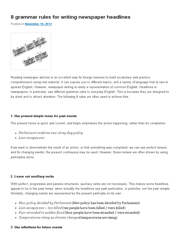 8 Grammar Rules For Writing Newspaper Headlines | PDF | Grammatical ...