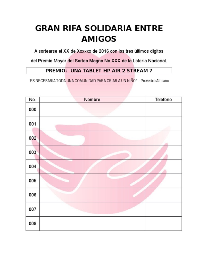 Formato de Rifa Con 1000 Numeros | PDF