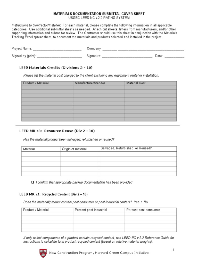2009v2.2NC Doc Materials Submittal Cover Sheet | PDF | Leadership In ...
