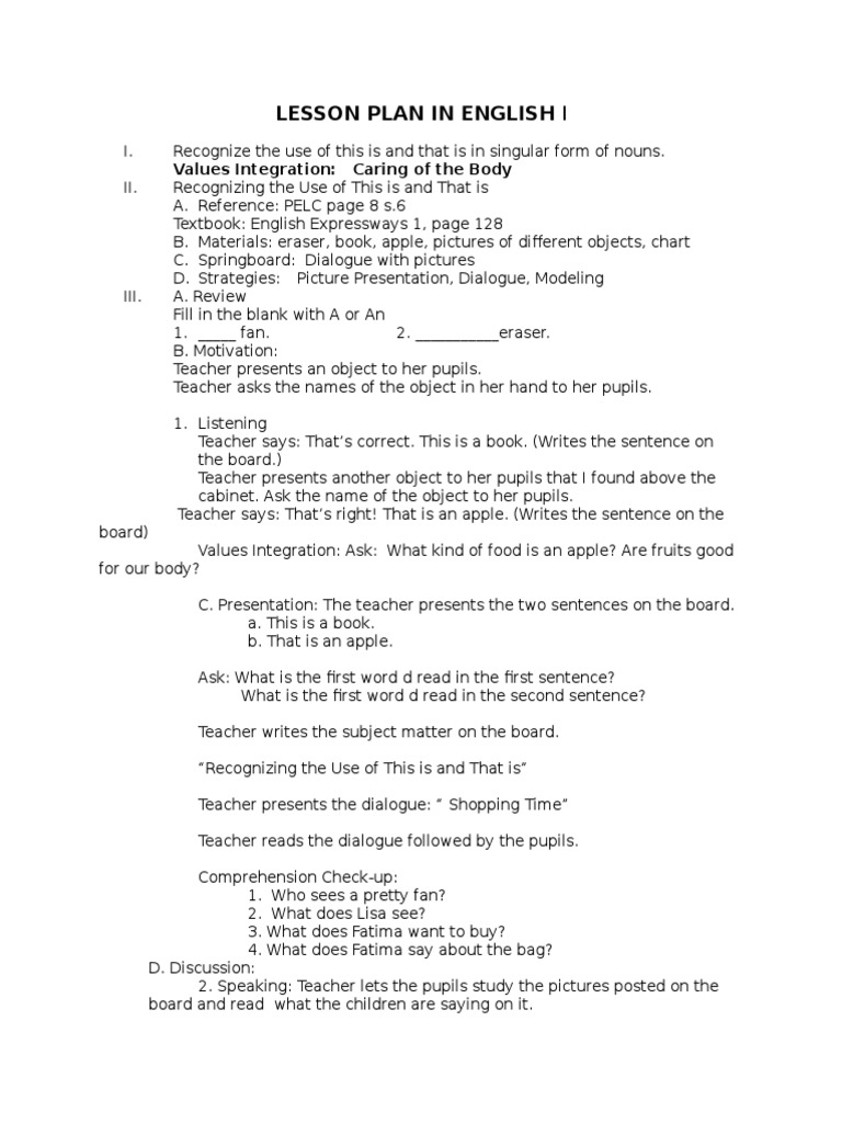 This and That Lesson Plan for Grade 1 | PDF | Lesson Plan | English ...