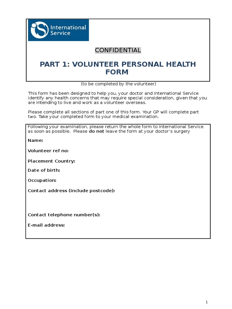 Volunteer Health Assessment Form | PDF | Medical Record | Health Sciences