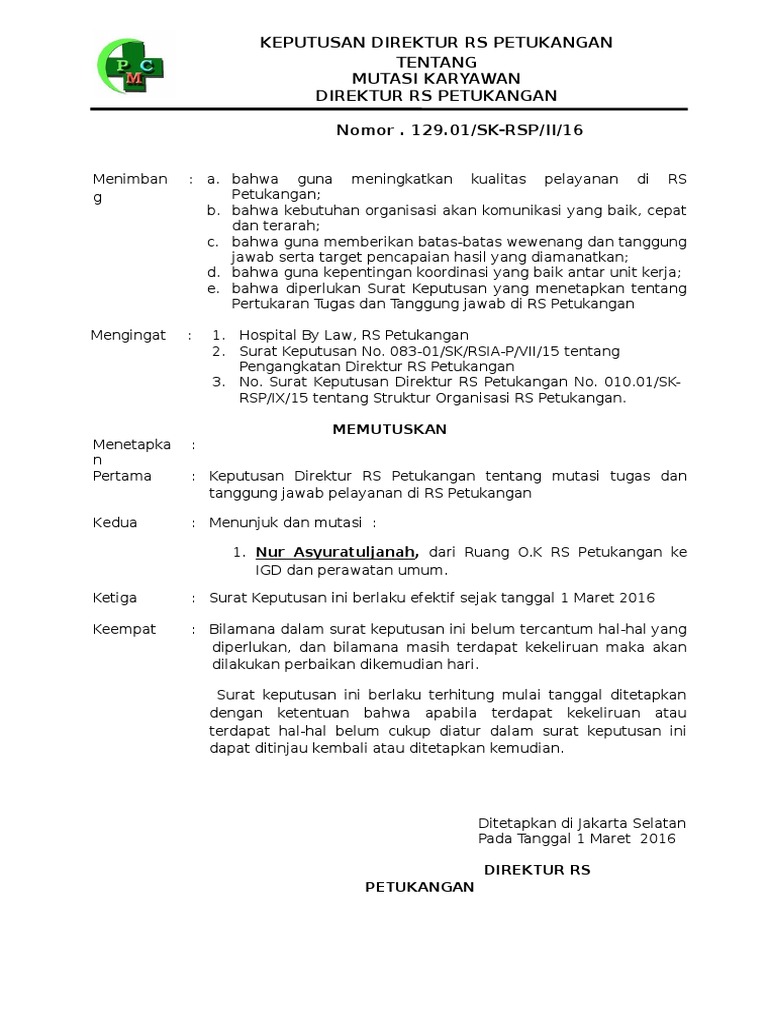 SK Mutasi Karyawan Mul | PDF