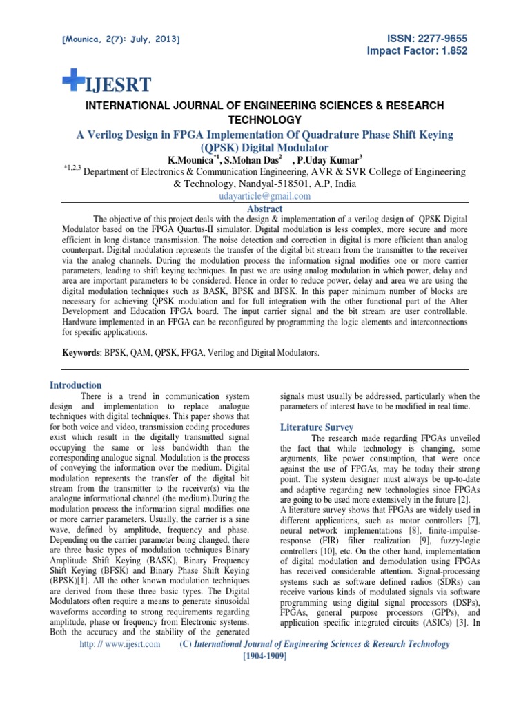 Ijesrt: A Verilog Design in FPGA Implementation of Quadrature Phase Shift Keying (QPSK) Digital ...