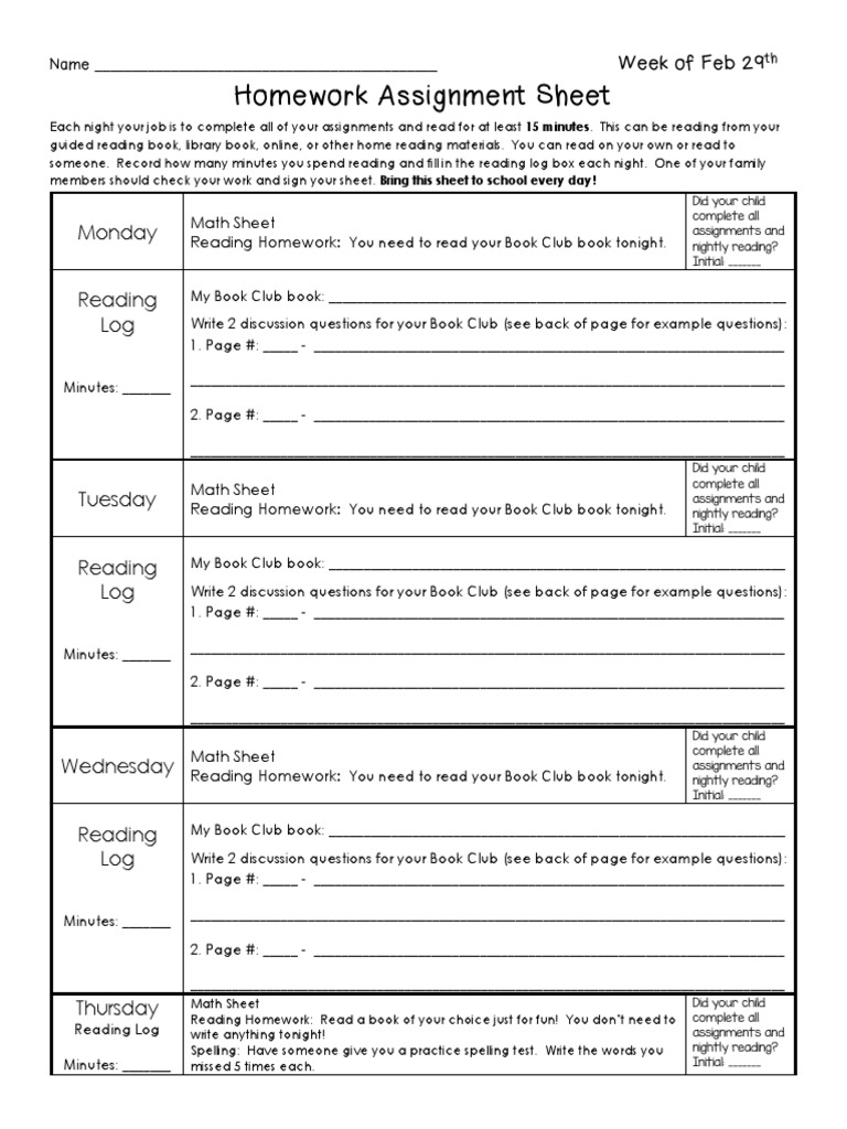 Weekly Homework and Reading Log | PDF | Homework | Books