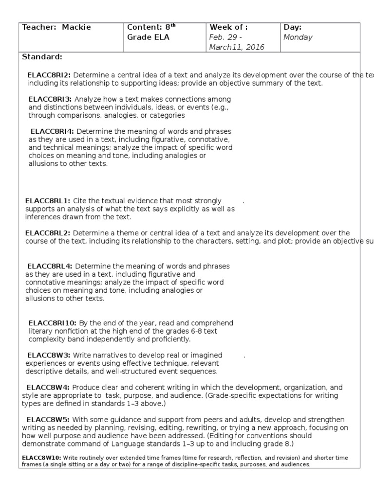 Teacher: Mackie Content: 8 Grade ELA Week Of: Day:: Feb. 29 - March11 ...