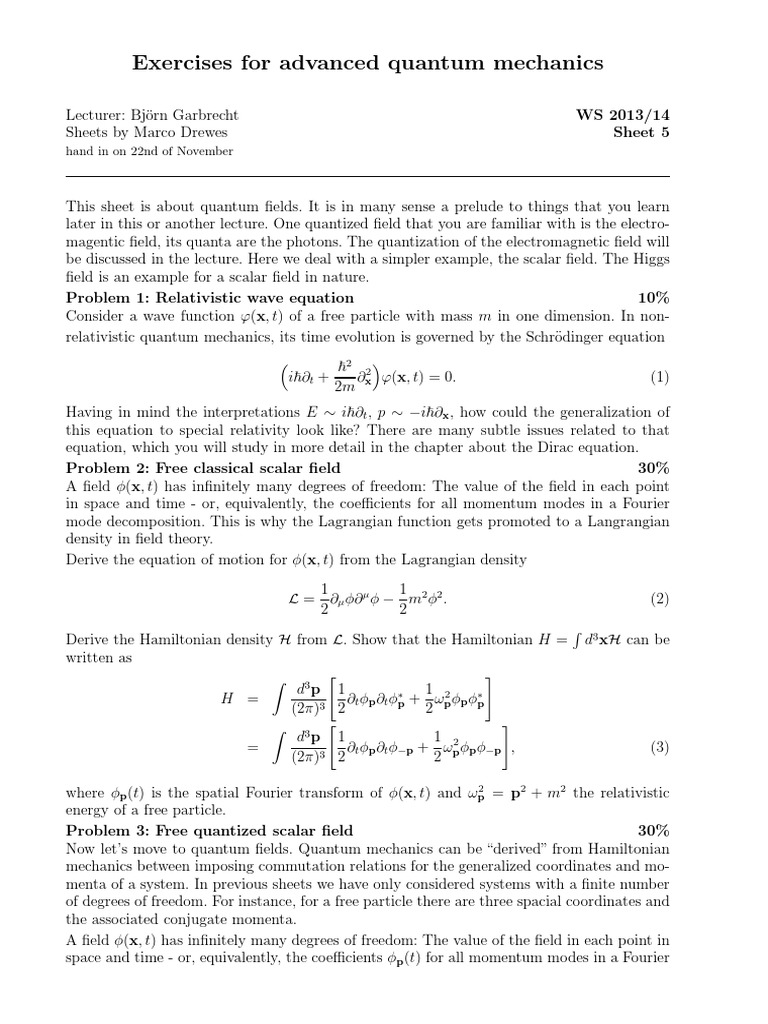 Advanced Quantum Mechanics Exercises | PDF | Field (Physics) | Quantum ...