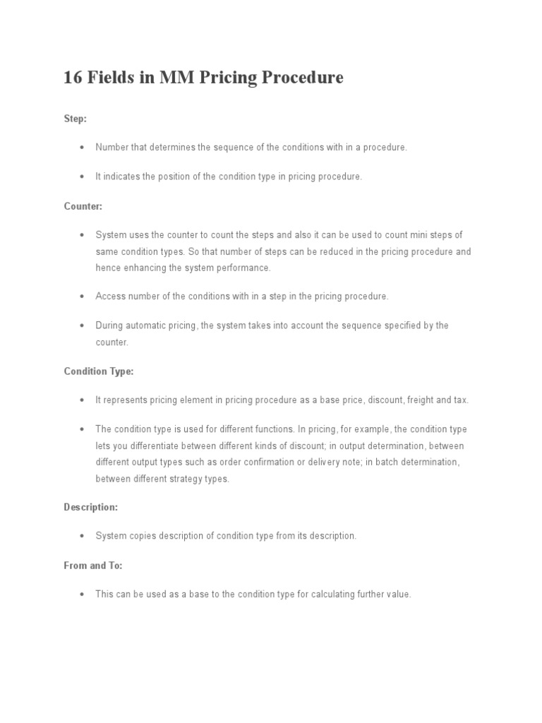 16 Fields in MM Pricing Procedure | PDF | Subroutine | Accrual