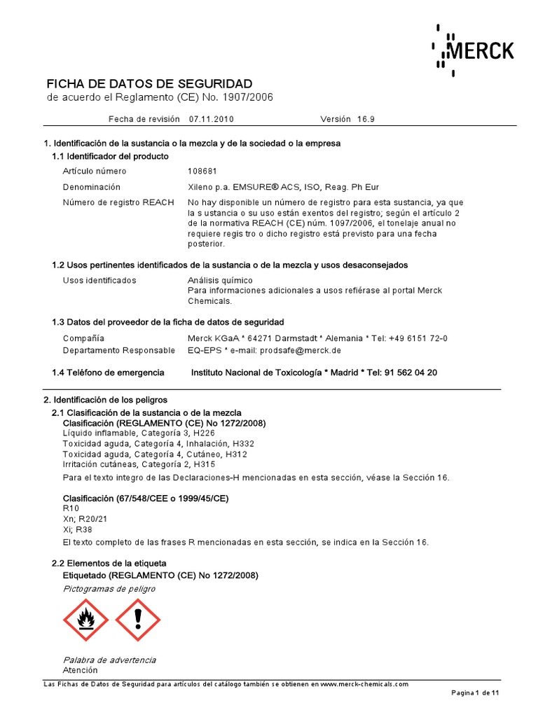 Xileno Fds Merck | PDF | Toxicidad | Dióxido de carbono