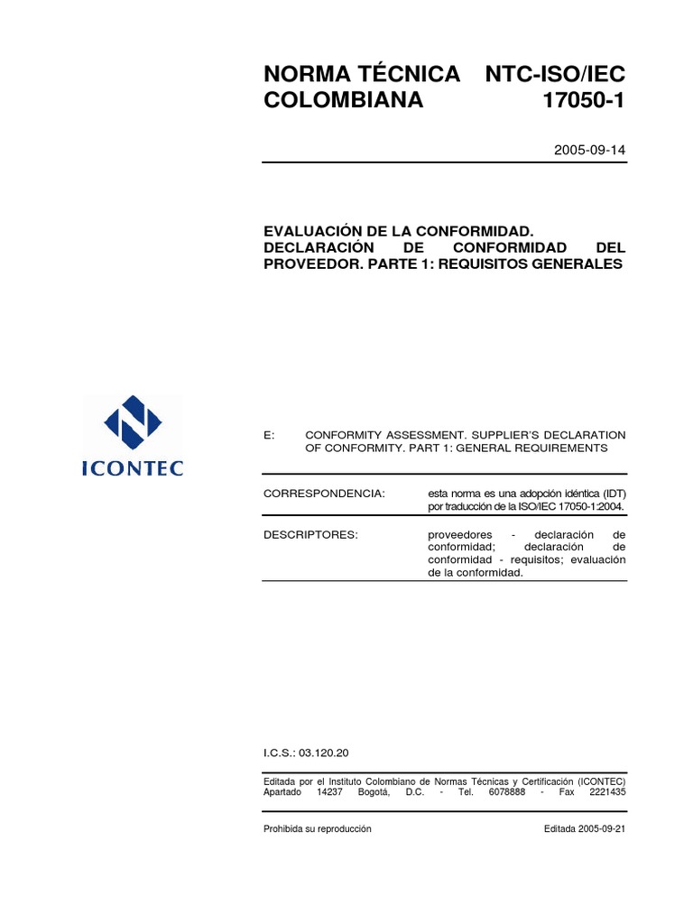 NTC-ISO/IEC 17050-1 Requisitos generales declaración conformidad ...