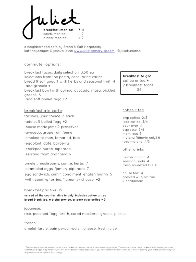 Juliet Opening Breakfast Menu | PDF