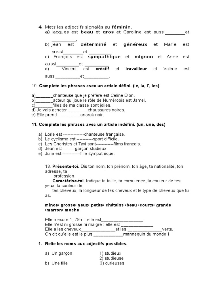 Exercices de Grammaire Française: Adjectifs et Articles | PDF | Arts du ...