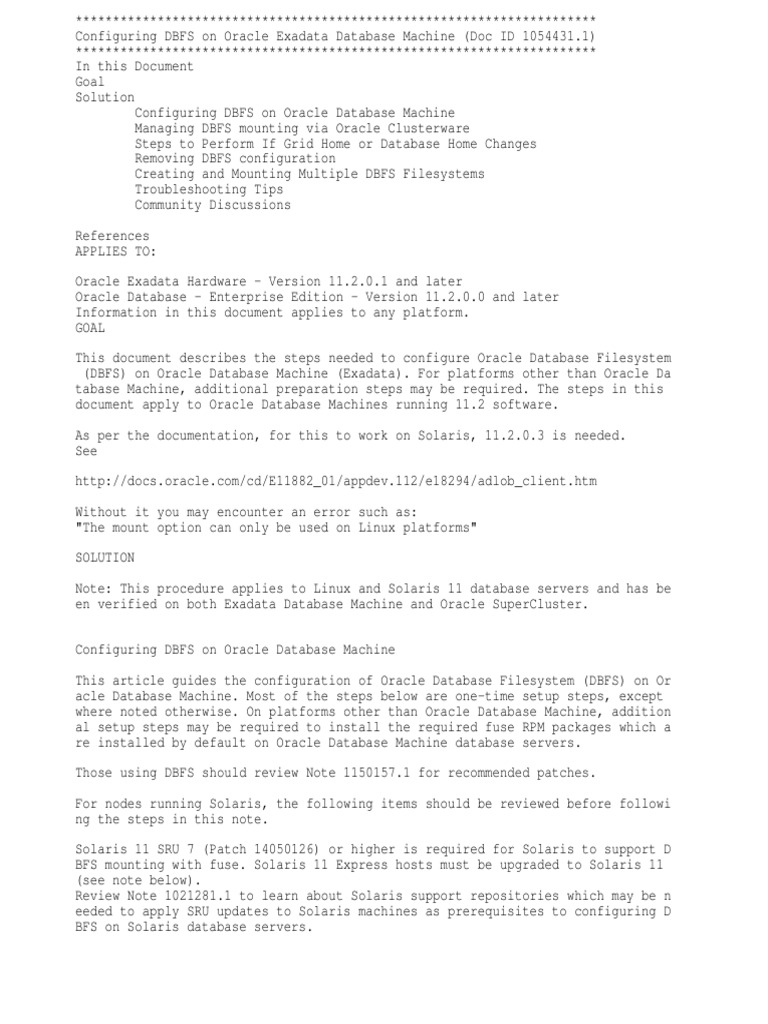 Configuring Dbfs On Oracle Exadata Database Machine Doc Id 1054431 Pdf File System Databases
